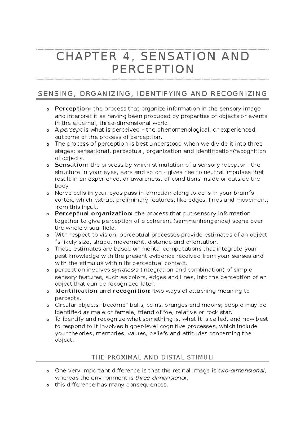 Chapter 4, sensation and perception - CHAPTER 4, SENSATION AND ...