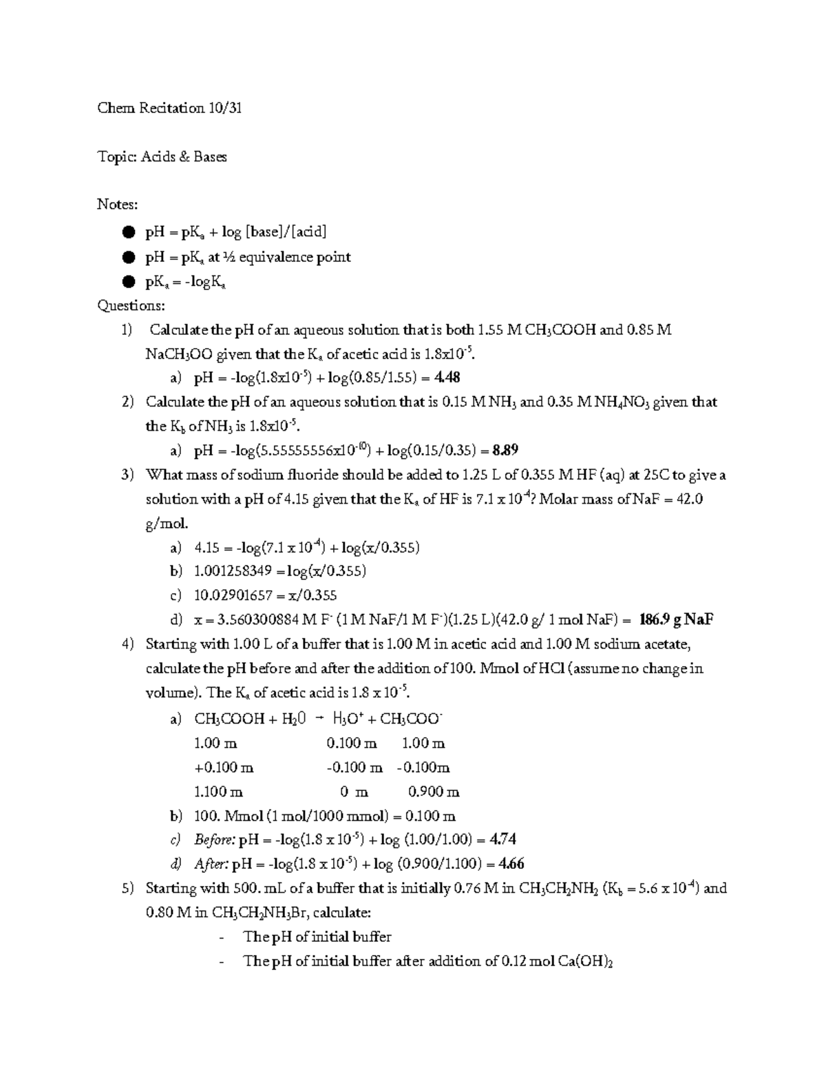 Recitation Notes 10/31 - Chem Recitation 10/ Topic: Acids & Bases Notes ...