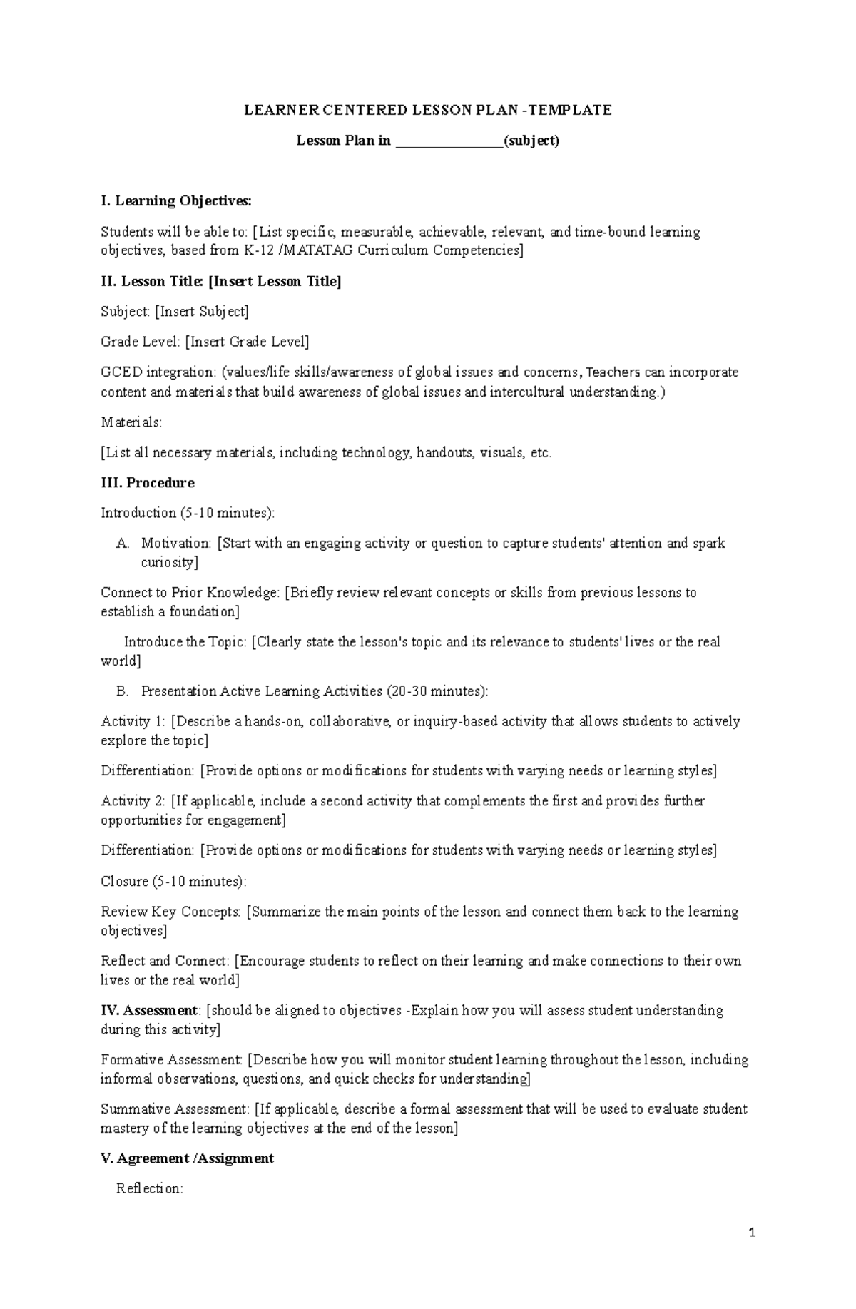 Learner Centered Lesson PLAN template - LEARNER CENTERED LESSON PLAN -TEMPLATE Lesson Plan in ...