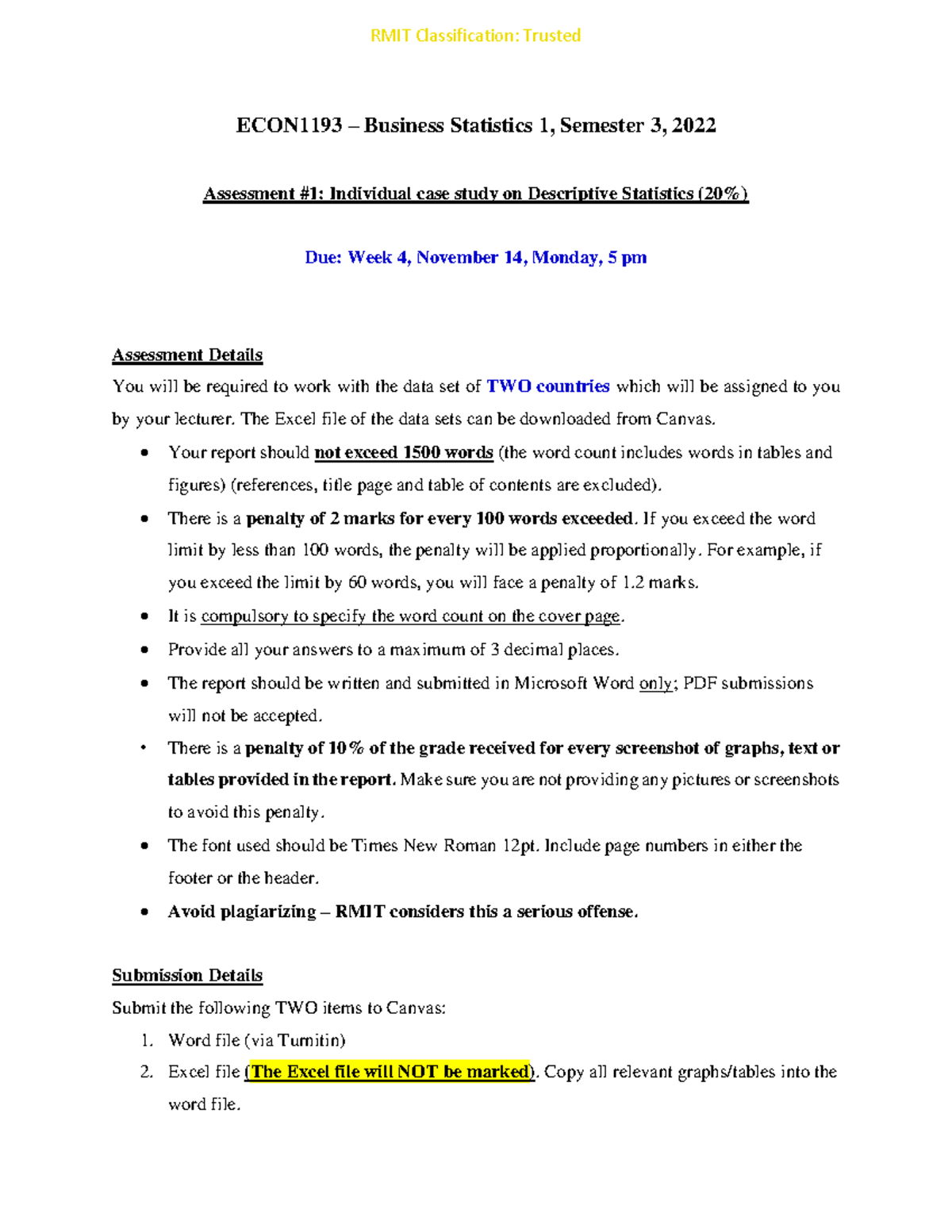 Assessment 1 Instructions Final Rmit Classification Trusted Econ1193 Business Statistics 1 5024