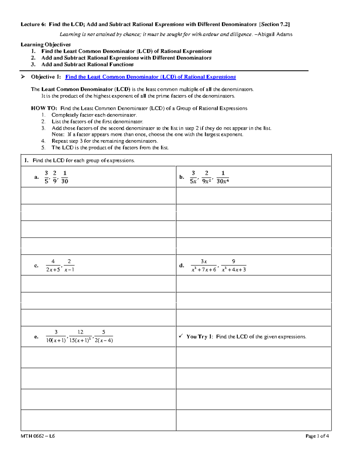 0662 - L6 - Add and Subtract with Different Denominators - Lecture 6: Find the LCD; Add and ...