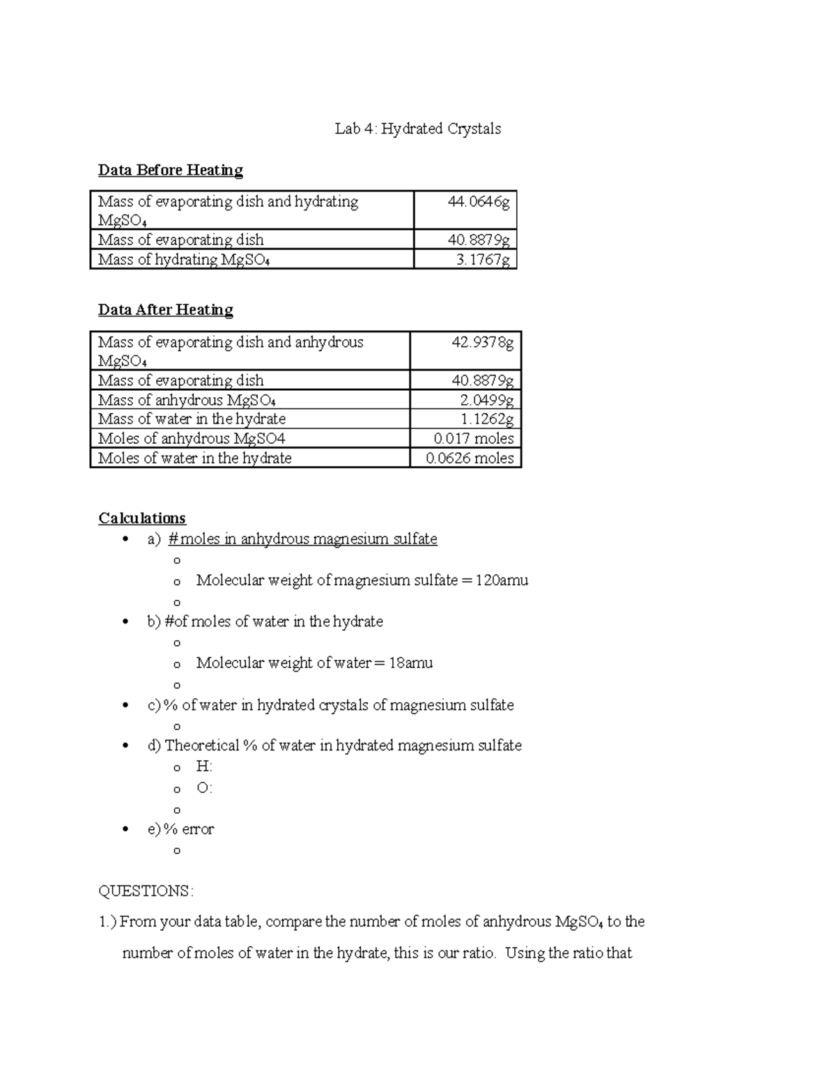 Hydrated Crystal Lab - Lab 4: Hydrated Crystals Data Before Heating ...