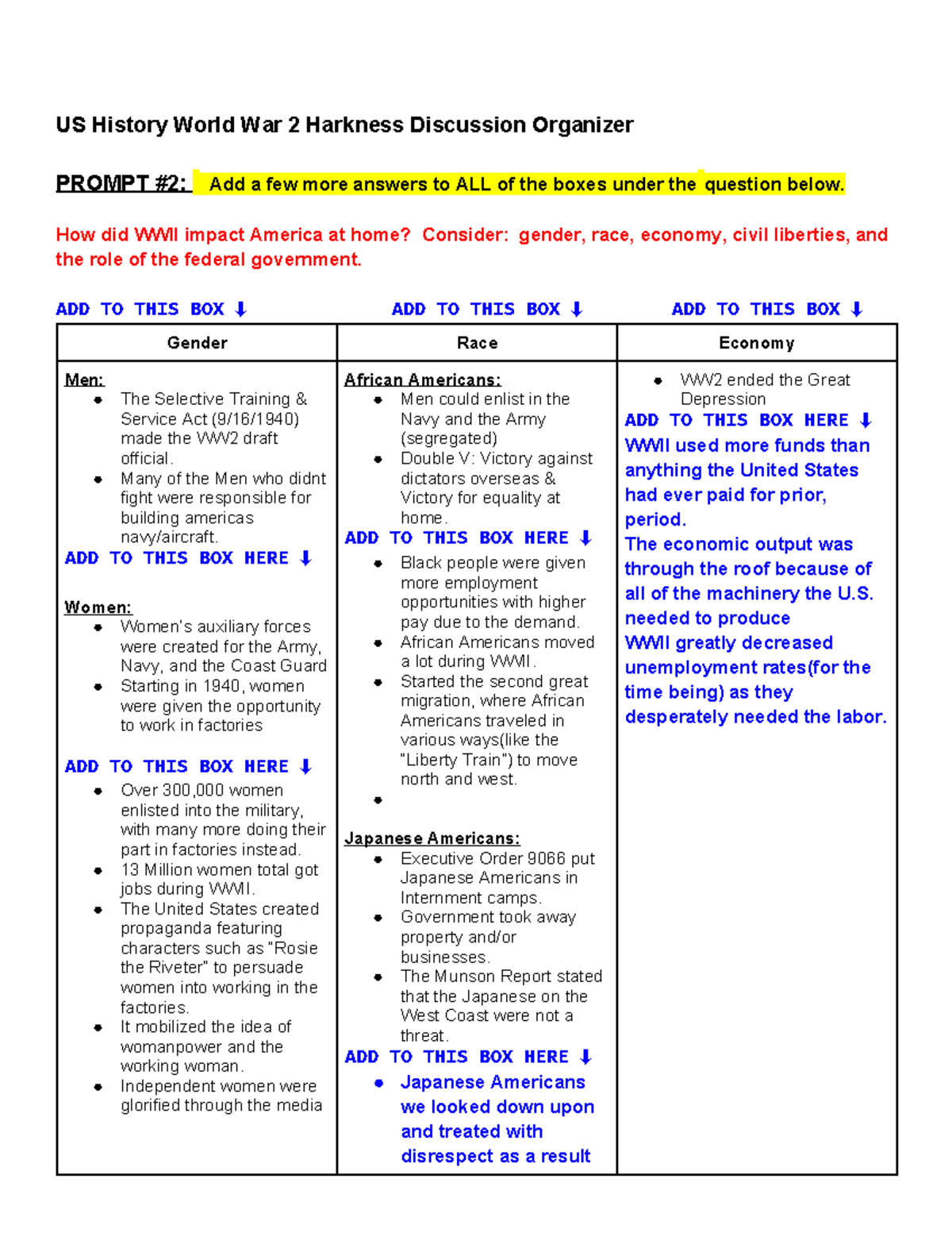 Us History - WWII Harkness Discussion Organizer (CD 24) - US History ...