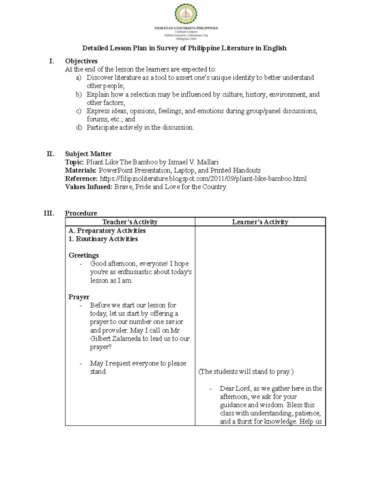Super Final DLP - Detailed Lesson Plan in Survey of Philippine Literature in English I ...