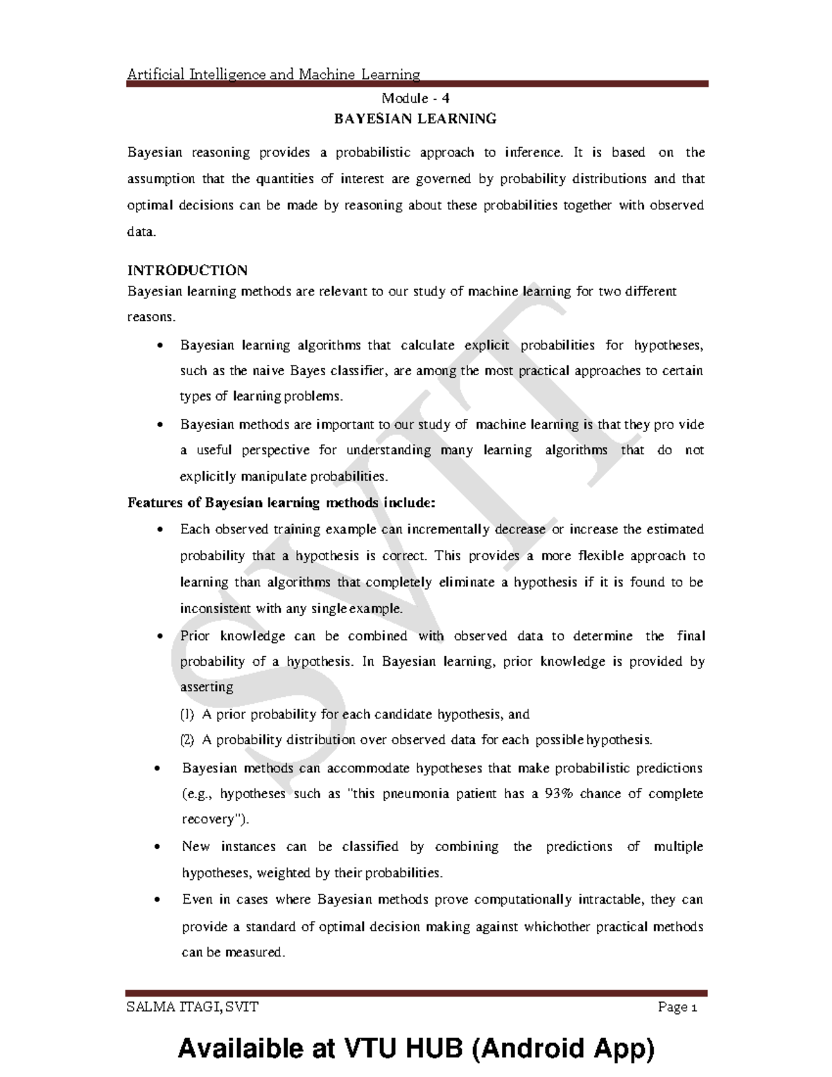 2096 1673342213630 - ..... - SALMA ITAGI, SVIT Page 1 Module - 4 BAYESIAN LEARNING Bayesian ...