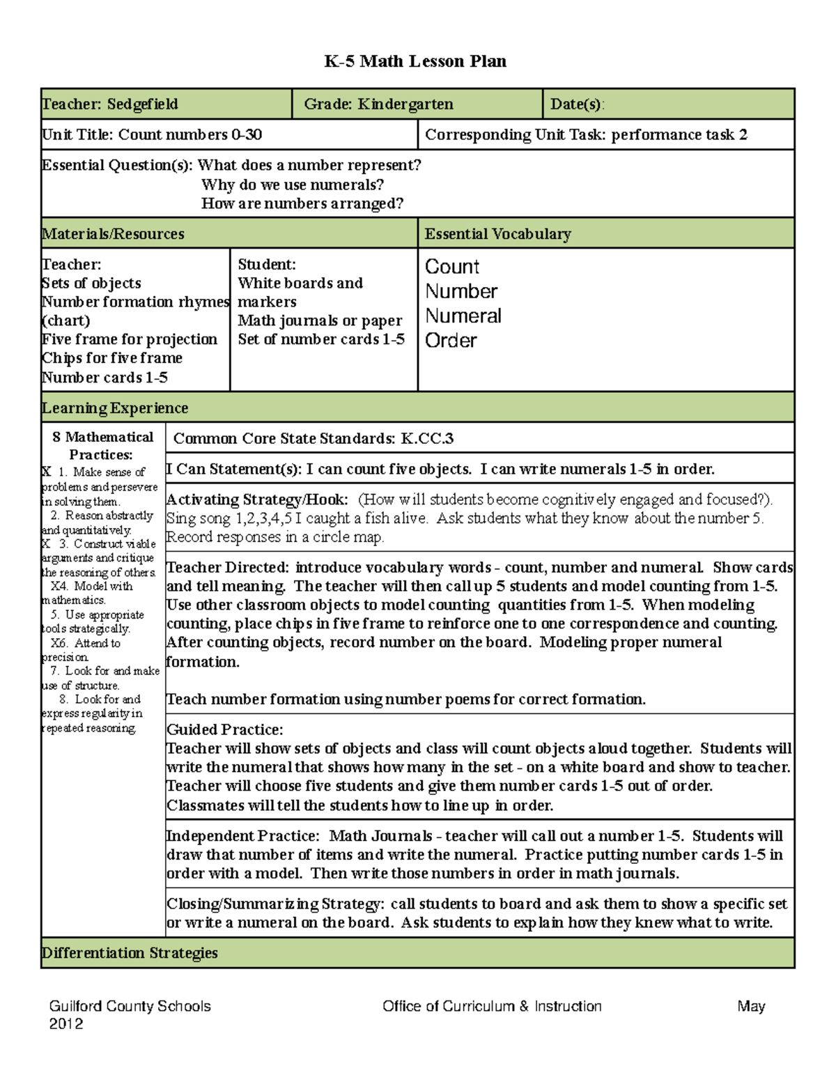 Unit 6 Task 1a - Unit 6 Task 1a. - K-5 Math Lesson Plan Teacher ...