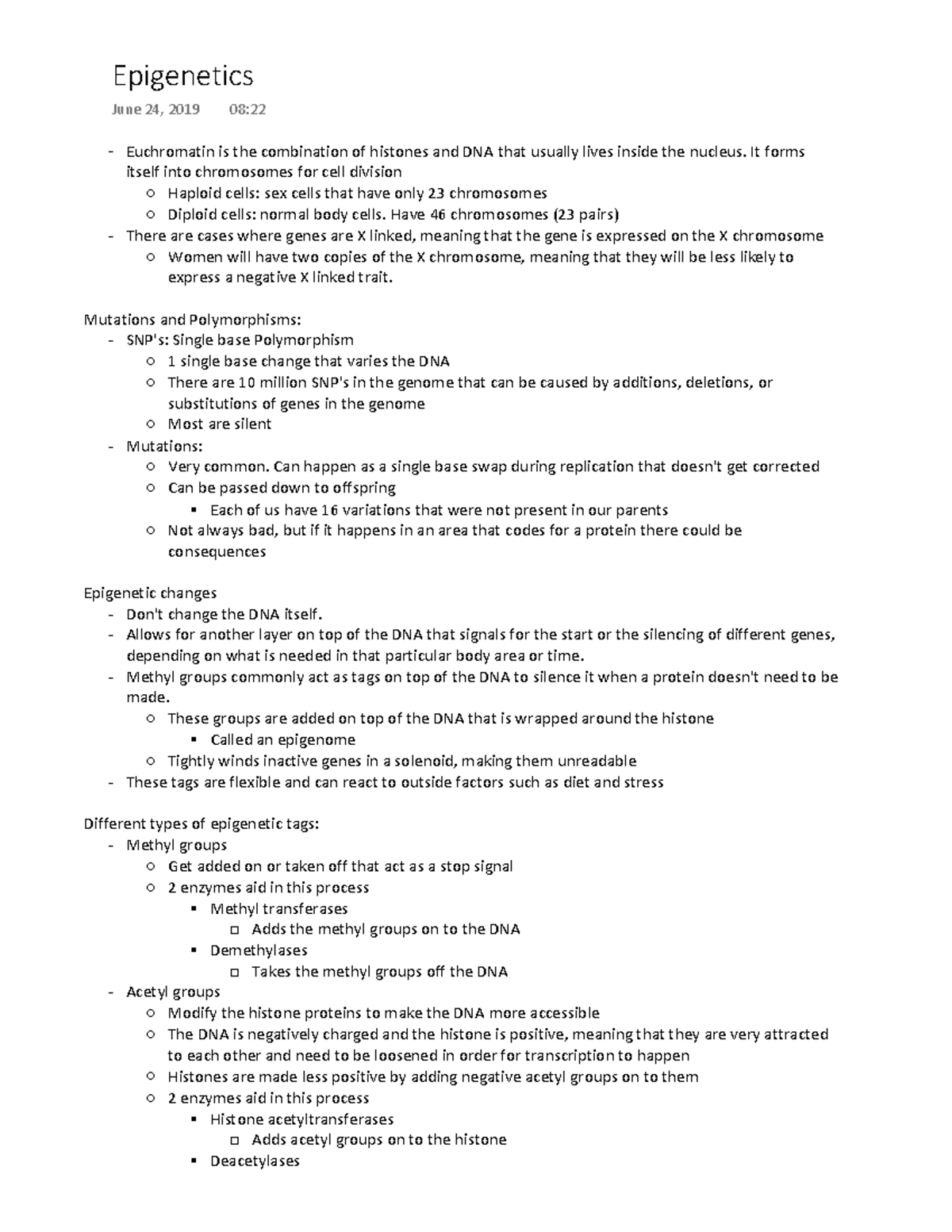 Epigenetics - Summary of lecture notes with same name. Used to study ...