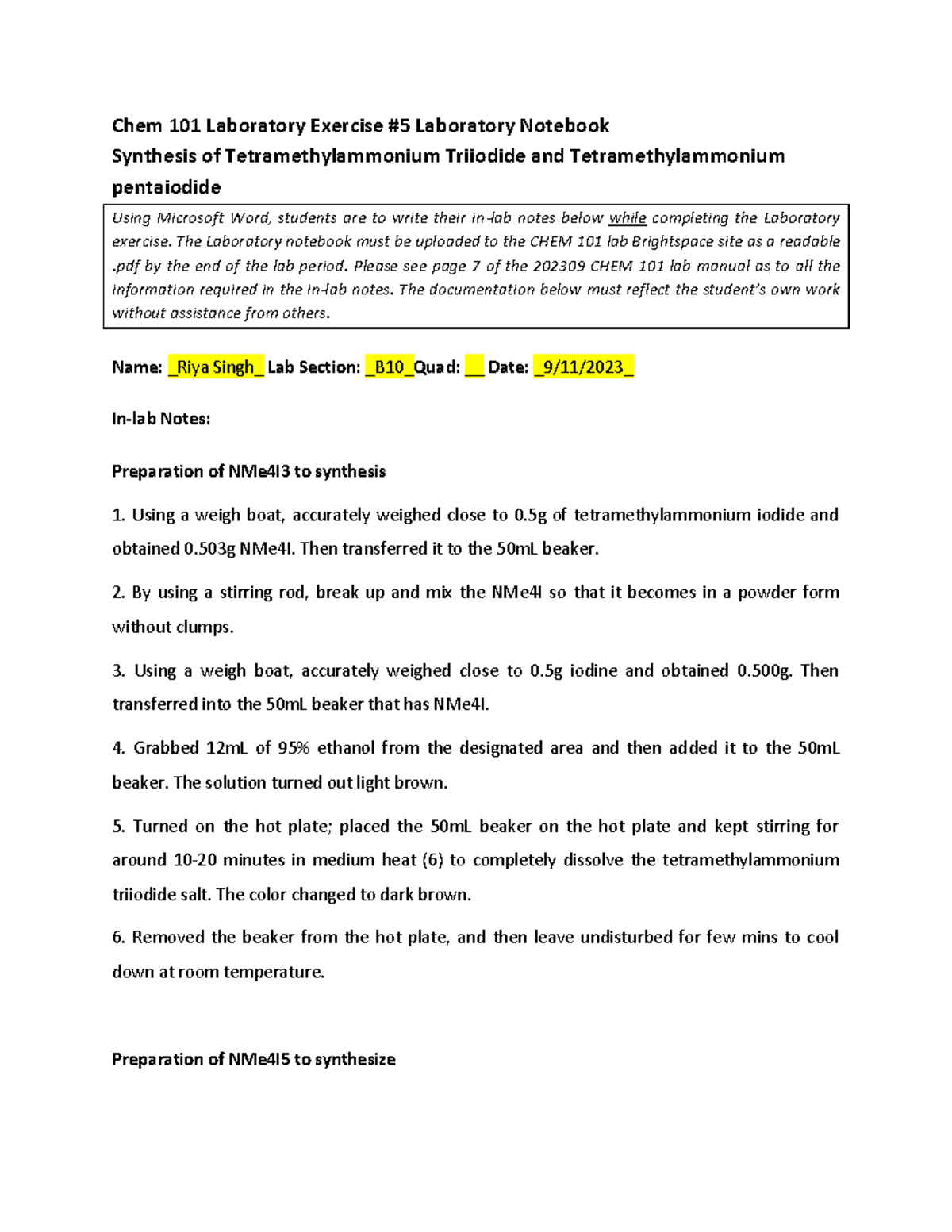 Riya Singh 101 Ex5 Inlabnotes Template 2309 - Chem 101 Laboratory ...