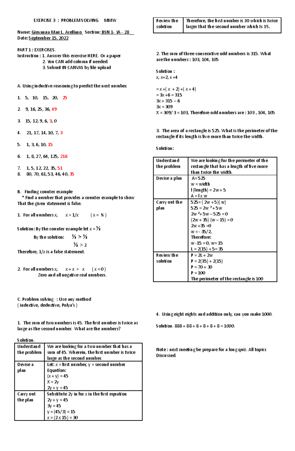 Exercise 3-Problem Solving - EXERCISE 3 : PROBLEM SOLVING MMW Name ...