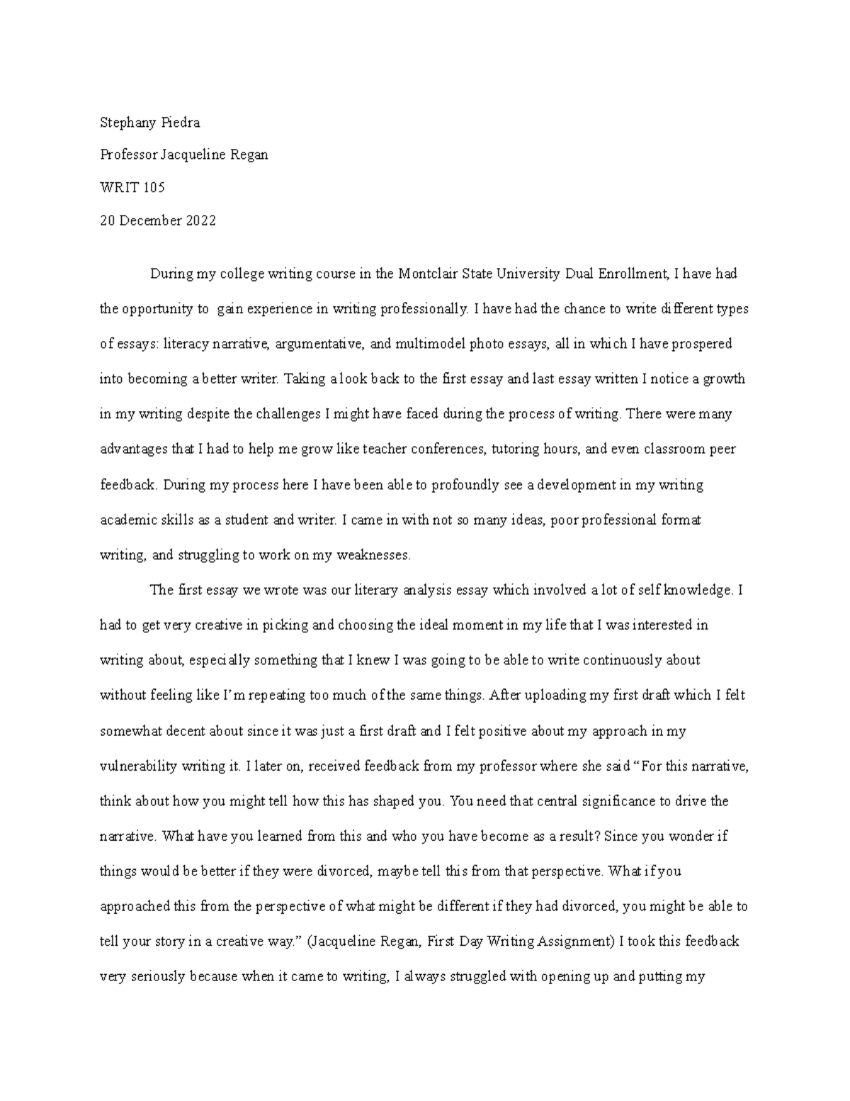 Reflective Essay - Lol - Stephany Piedra Professor Jacqueline Regan ...