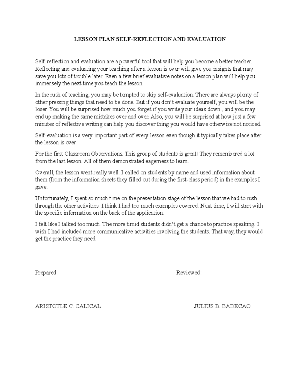 Lesson PLAN SELF - Need it for my discussion - LESSON PLAN SELF ...