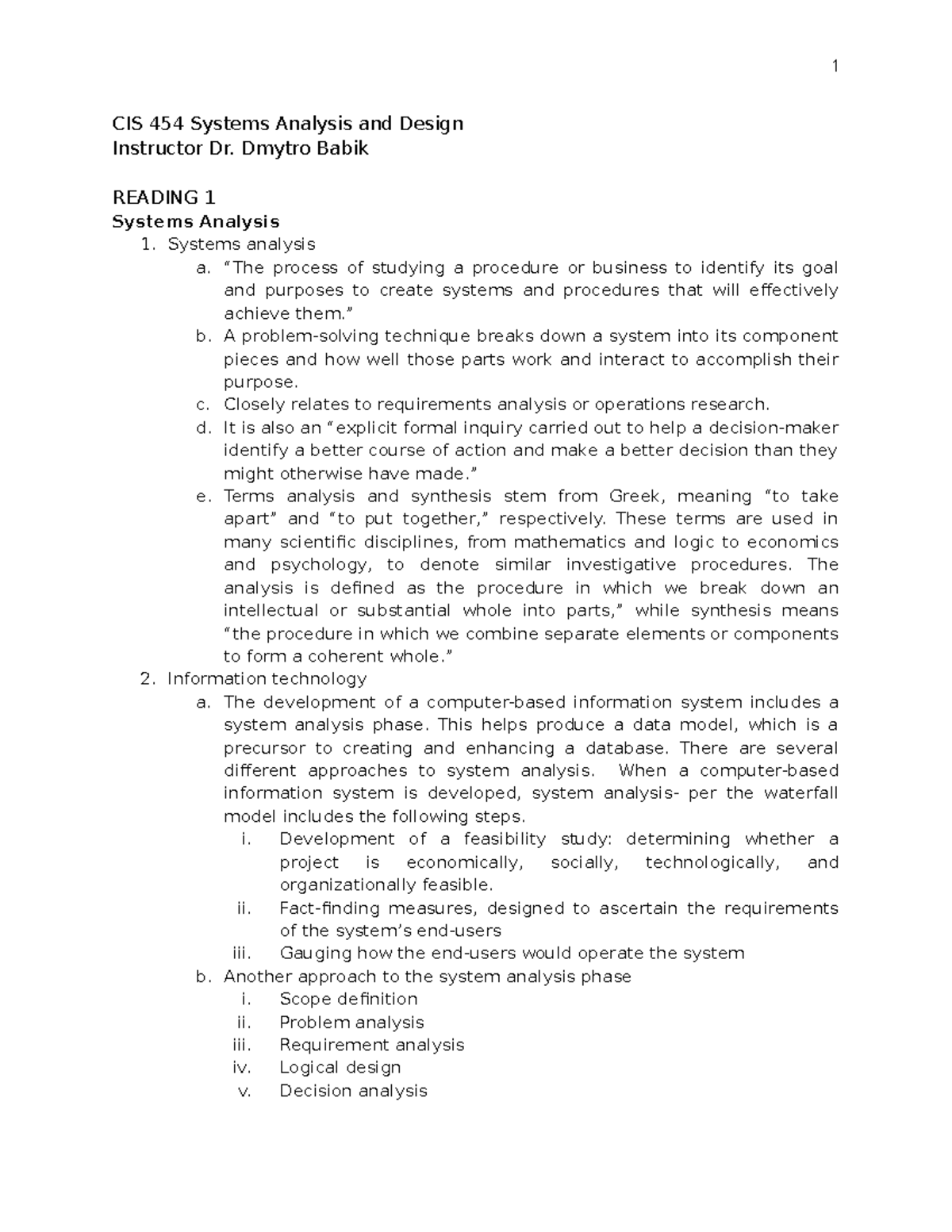 CIS 454 Study Guide - CIS 454 Systems Analysis and Design Instructor Dr ...