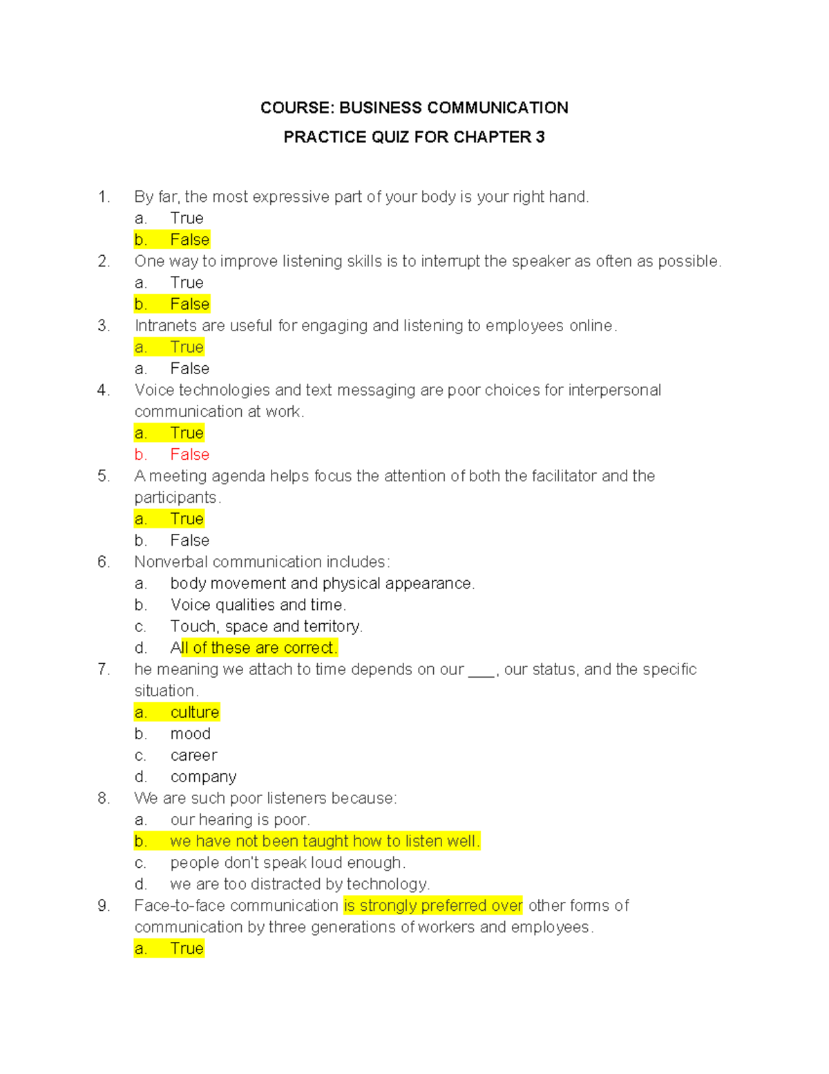 Chapter 3 Quiz - COURSE: BUSINESS COMMUNICATION PRACTICE QUIZ FOR ...