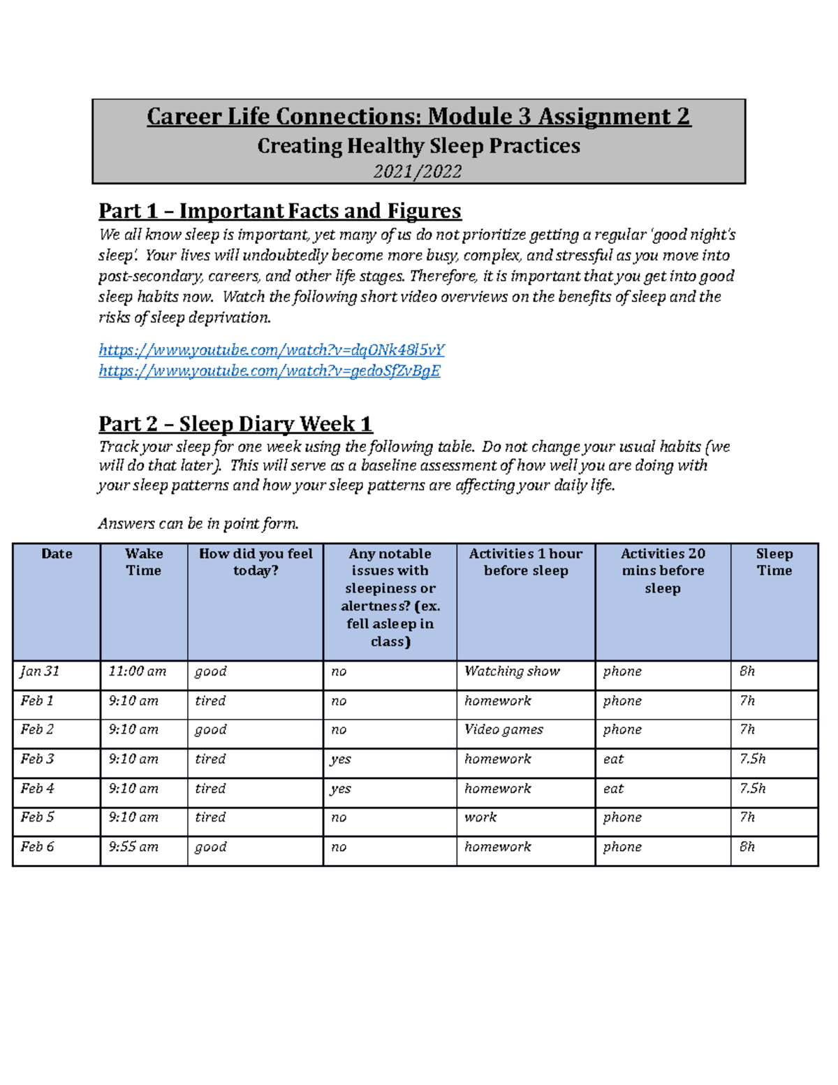 Module 3 Assignment 2 - Healthy Sleep Practices - Career Life ...