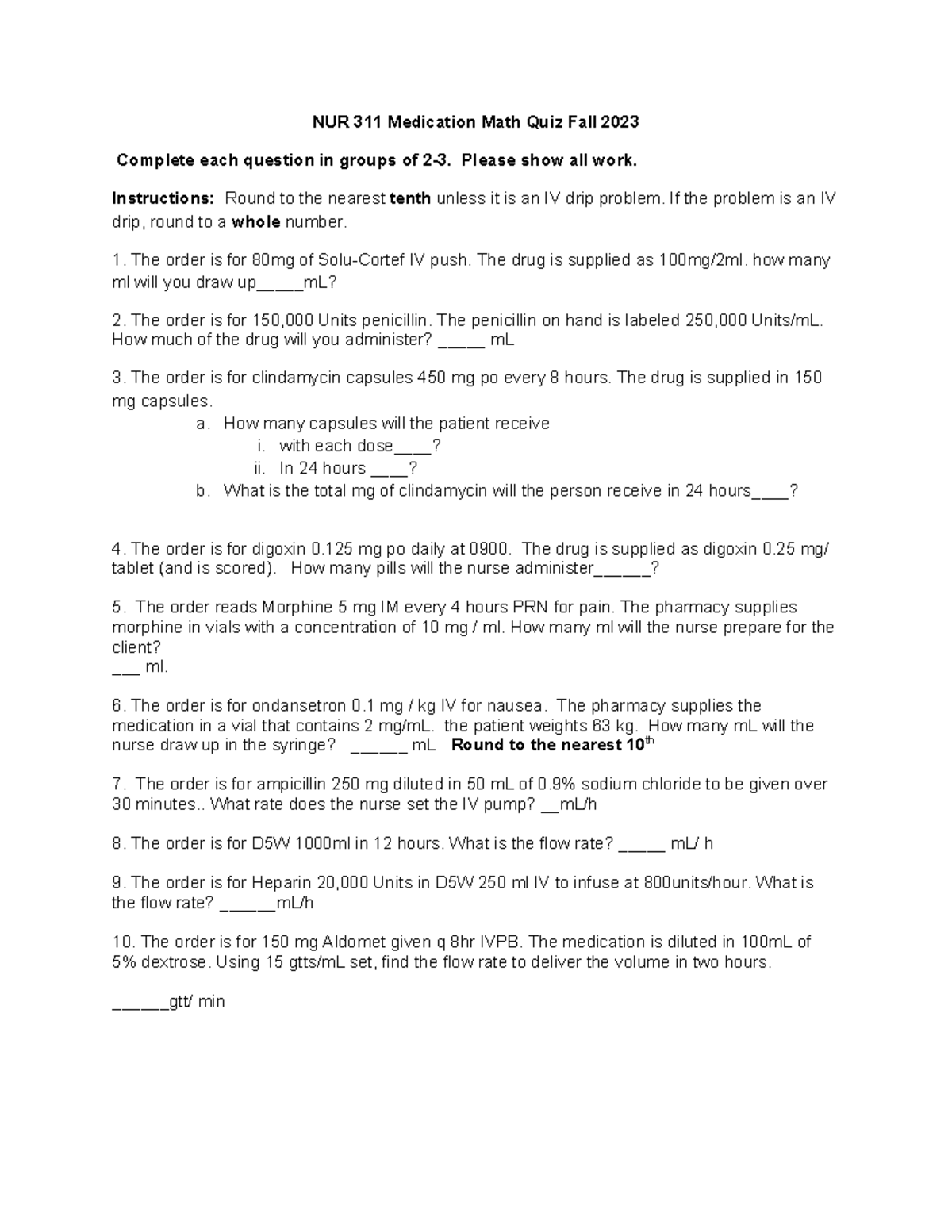 Med Math Quiz 1 Fa23 - Medication math - NUR 311 Medication Math Quiz ...