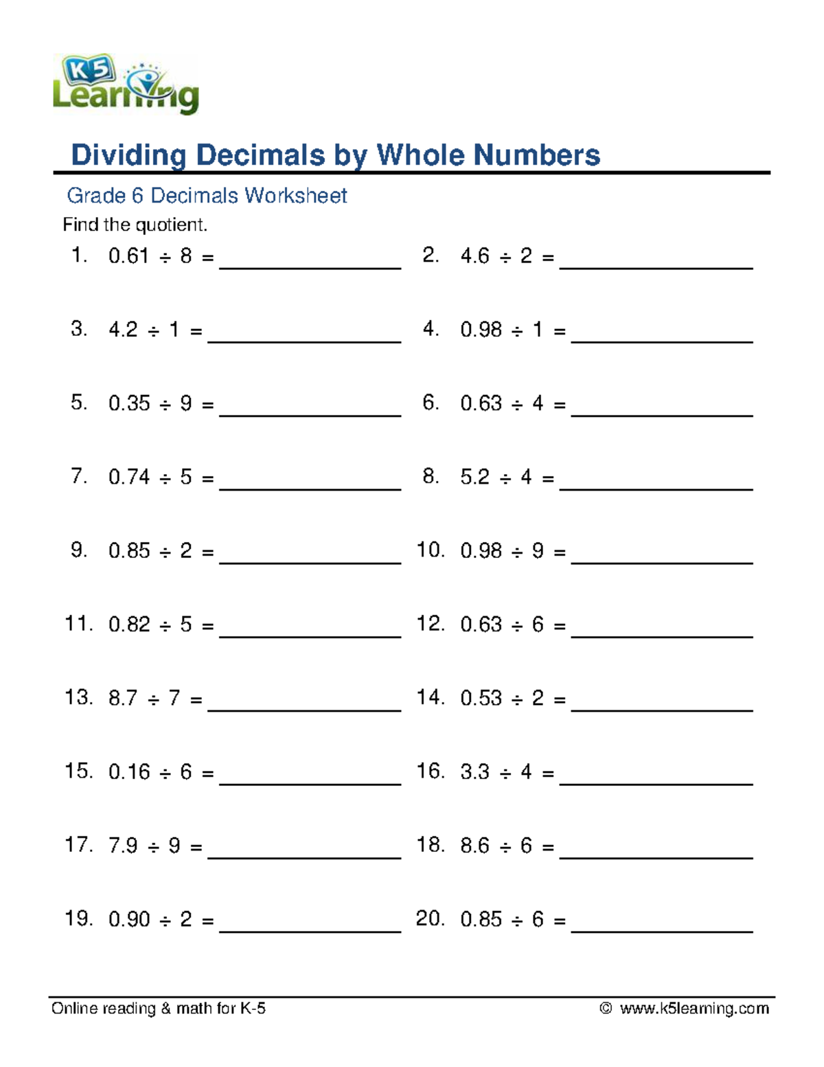 Grade 6 dividing 1 2 digit decimals by whole numbers a - Art ...
