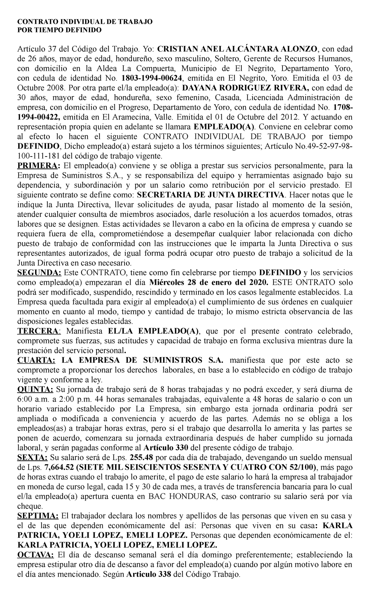 Contrato Individual de Trabajo - CONTRATO INDIVIDUAL DE TRABAJO POR TIEMPO DEFINIDO Artículo 37 ...
