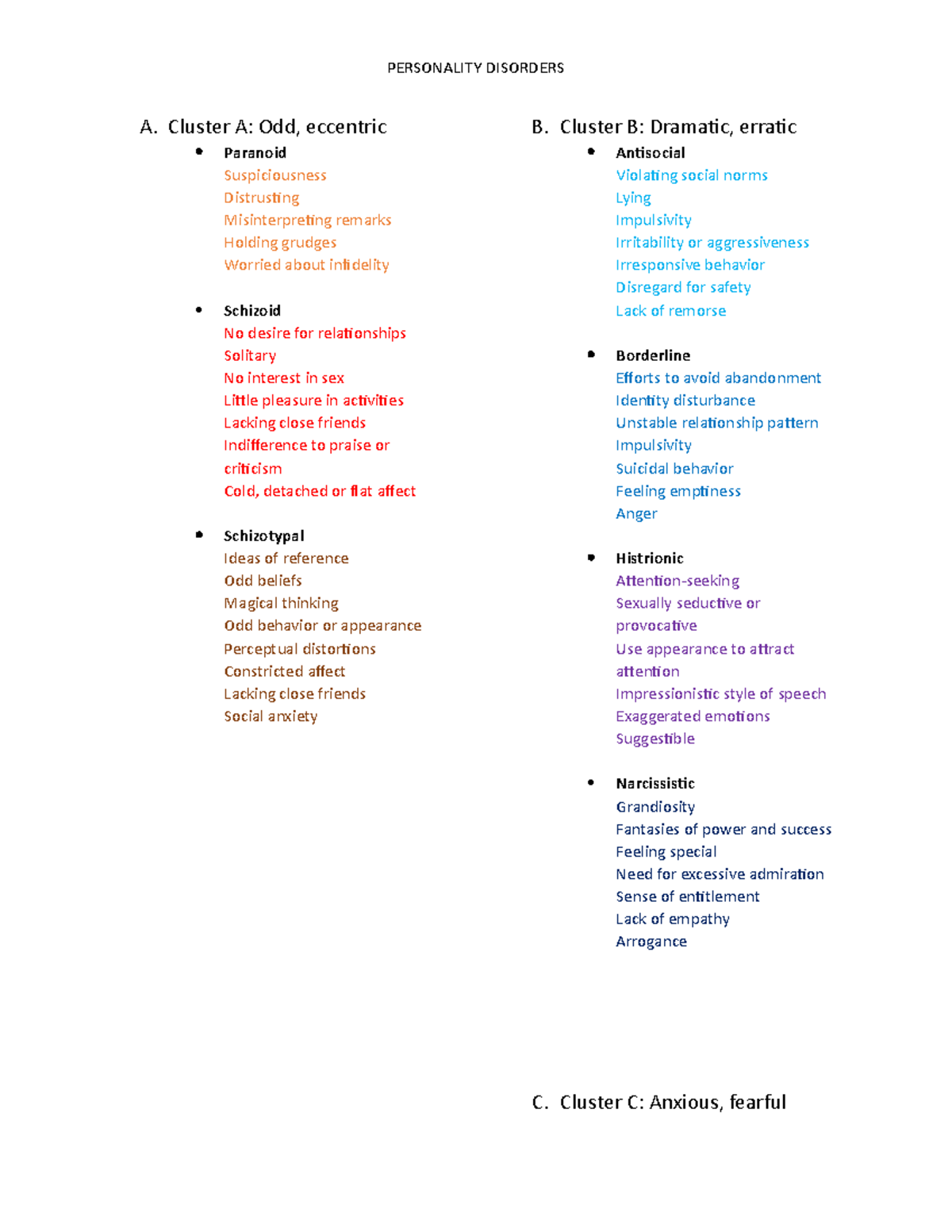 Personality Disorders - PERSONALITY DISORDERS A. Cluster A: Odd ...