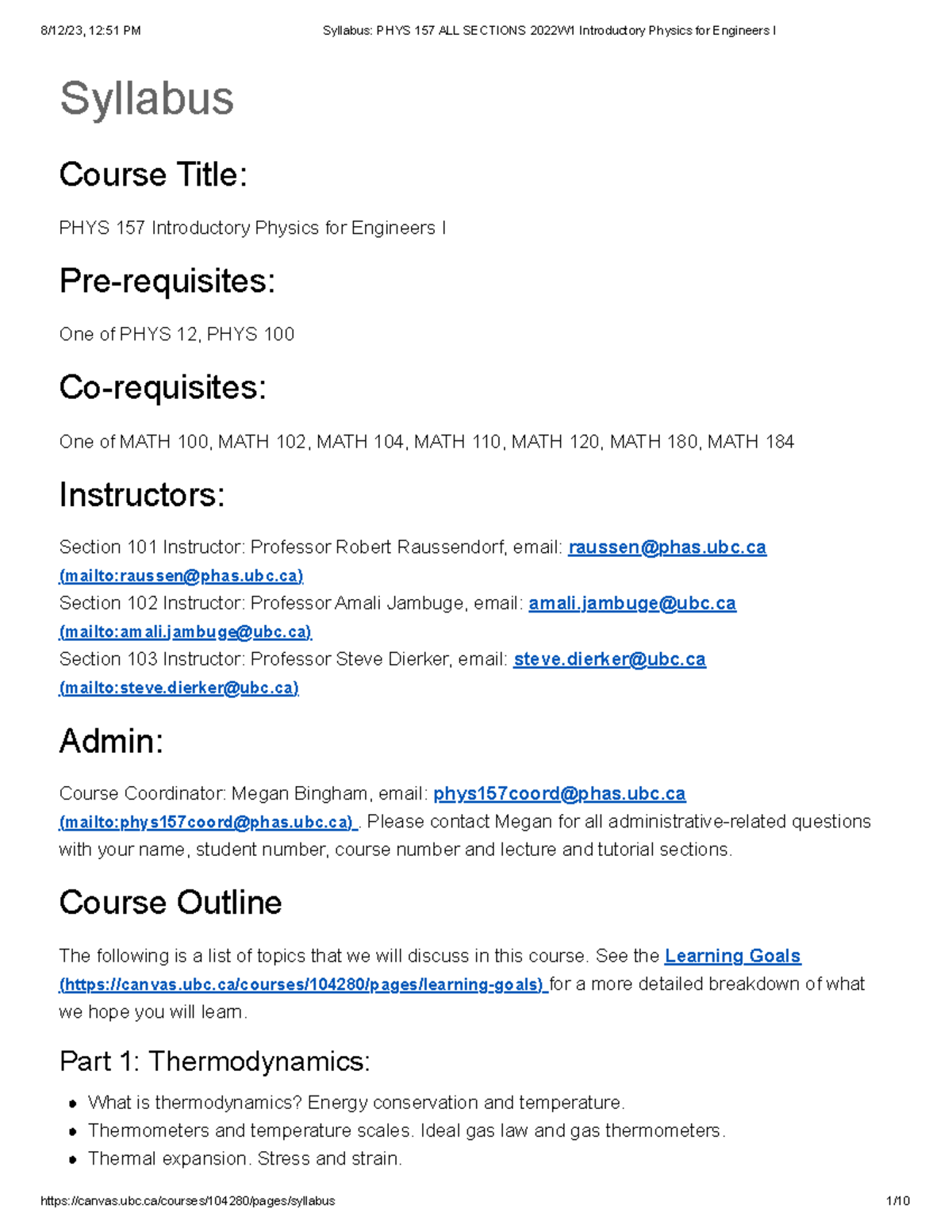 PHYS 157 - wejhf - Syllabus Course Title: PHYS 157 Introductory Physics for Engineers I - Studocu