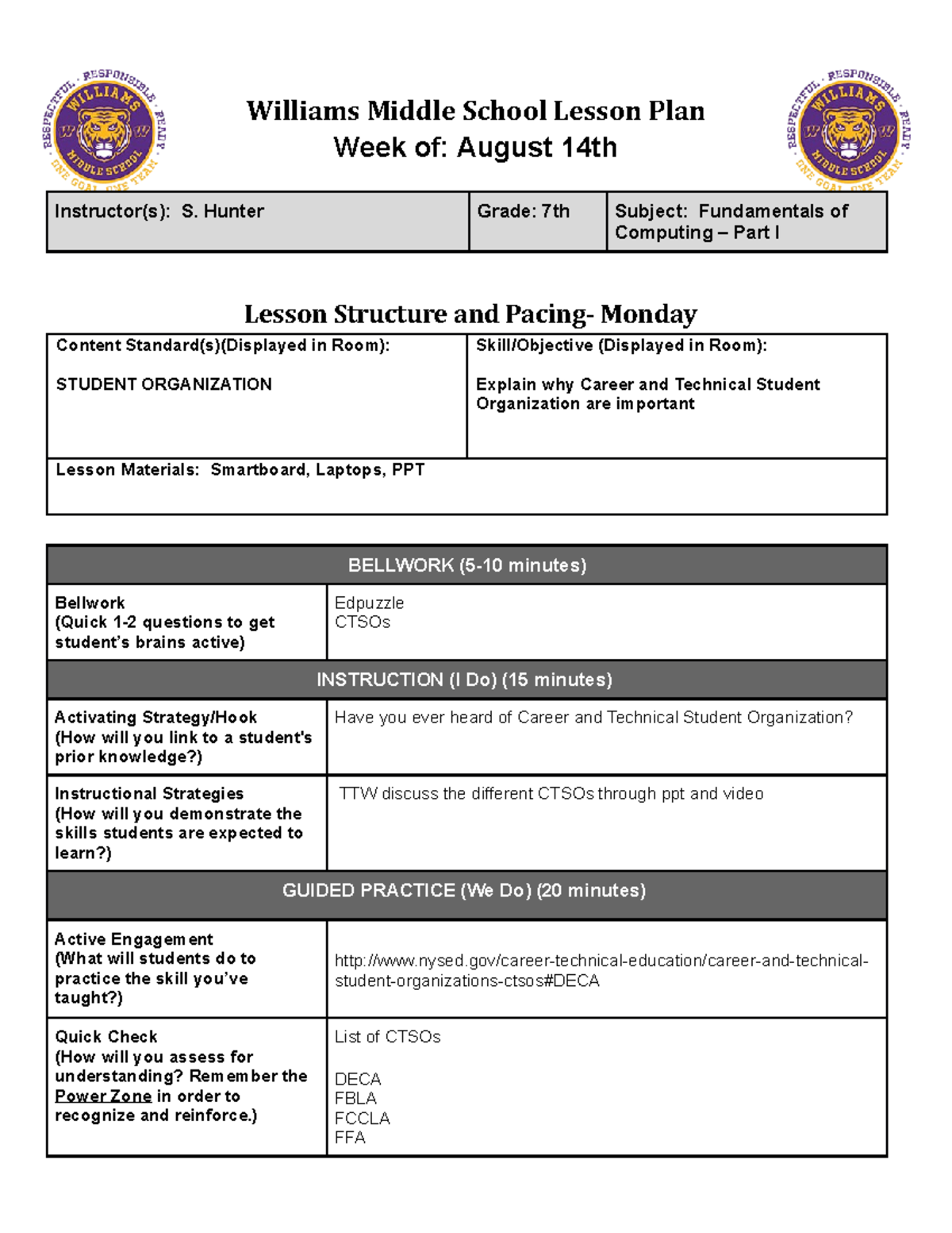 8-14-23 thru 8-18-23 Lesson Plan - Williams Middle School Lesson Plan ...