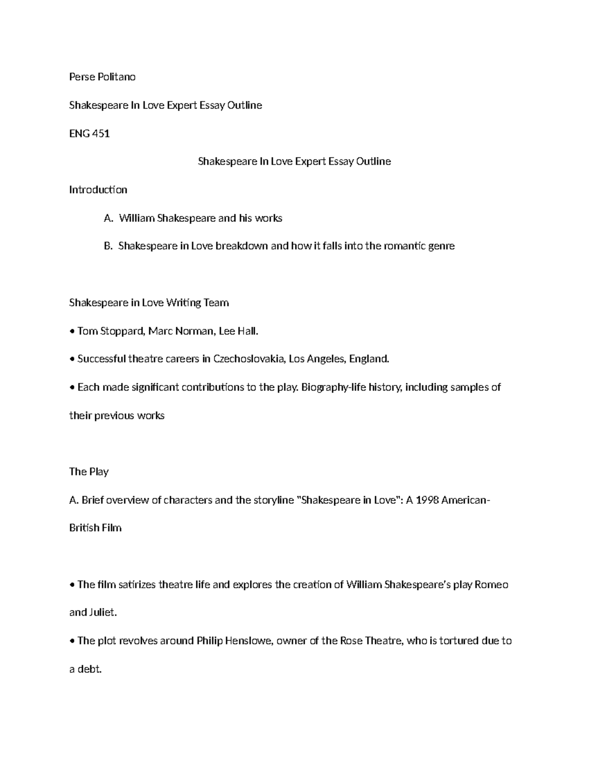 Shakespeare In Love Expert Essay Outline - Perse Politano Shakespeare ...