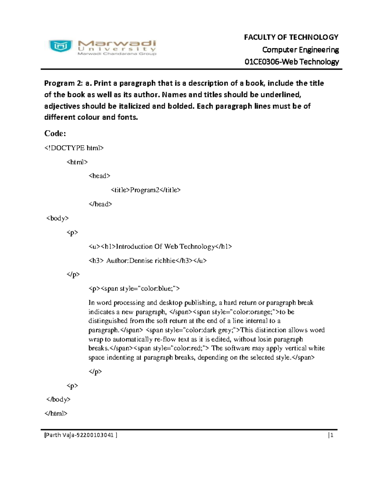 WT coding - anything - Computer Engineering 01CE0306-Web Technology Program 2: a. Print a ...