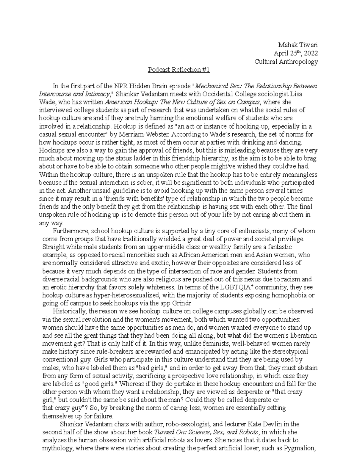 Podcast Reflection MT - Mahak Tiwari April 25th, 2022 Cultural ...