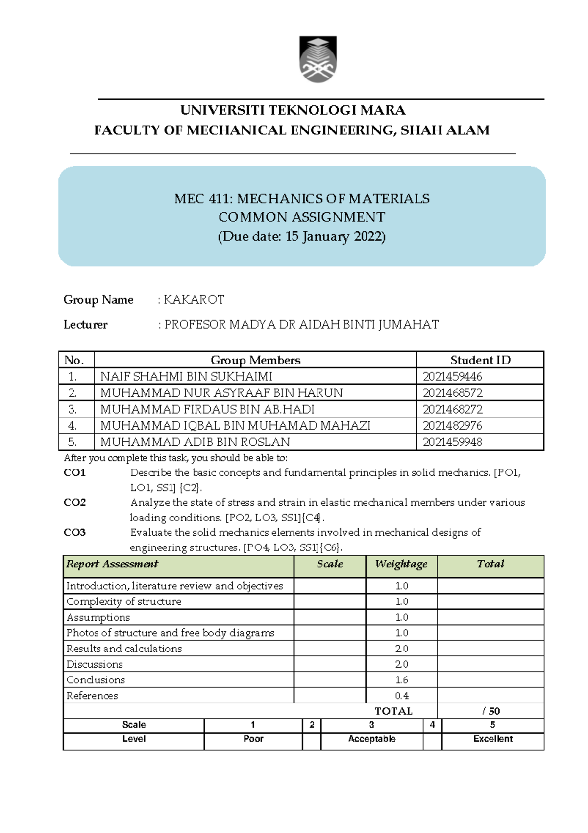 Group 3 Bookshelf - MEC 411: MECHANICS OF MATERIALS COMMON ASSIGNMENT Describe the basic ...