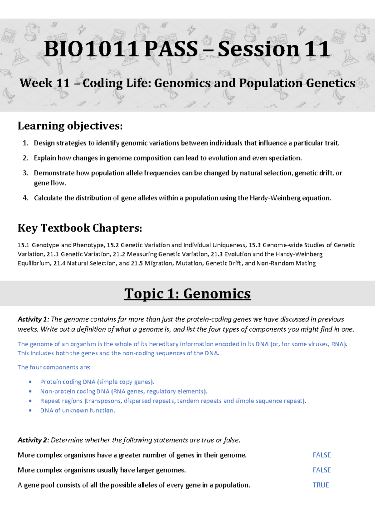 BIO1011 PASS 2021 - Session 11 Worksheet - Answers - Learning ...