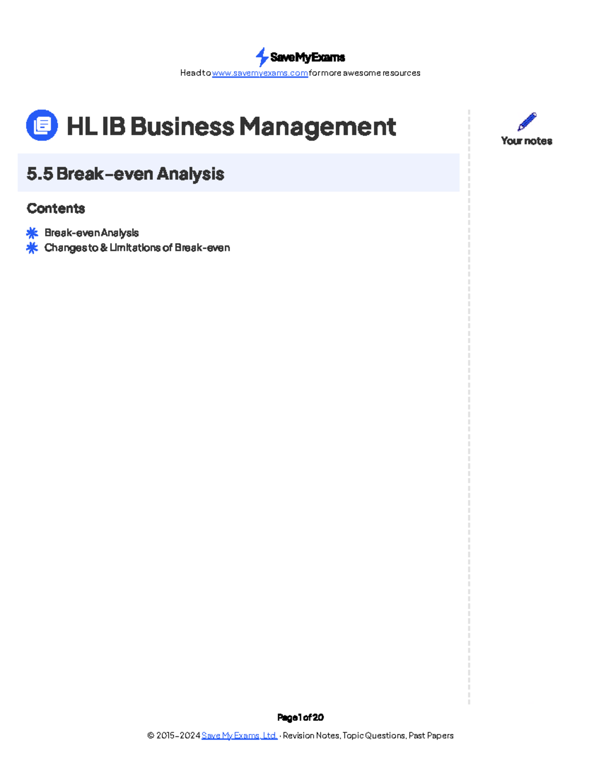 5 - none - HL IB Business Management 5 Break-even Analysis Contents ...
