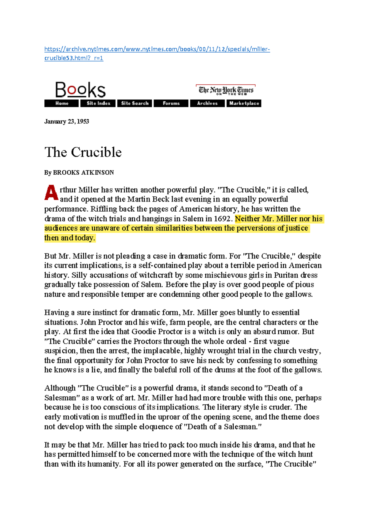 Review of The Crucible 1953 (context) - - Studocu