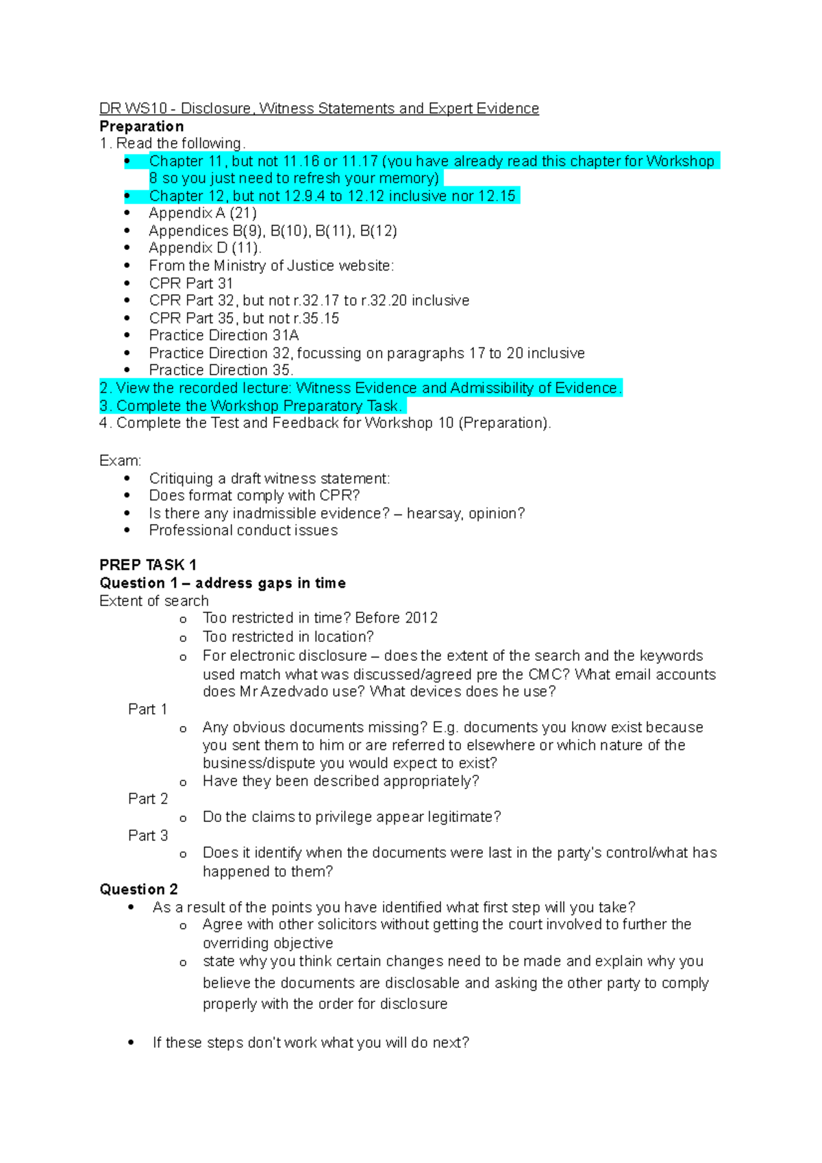DR WS10 notes - DR WS10 - Disclosure, Witness Statements and Expert ...