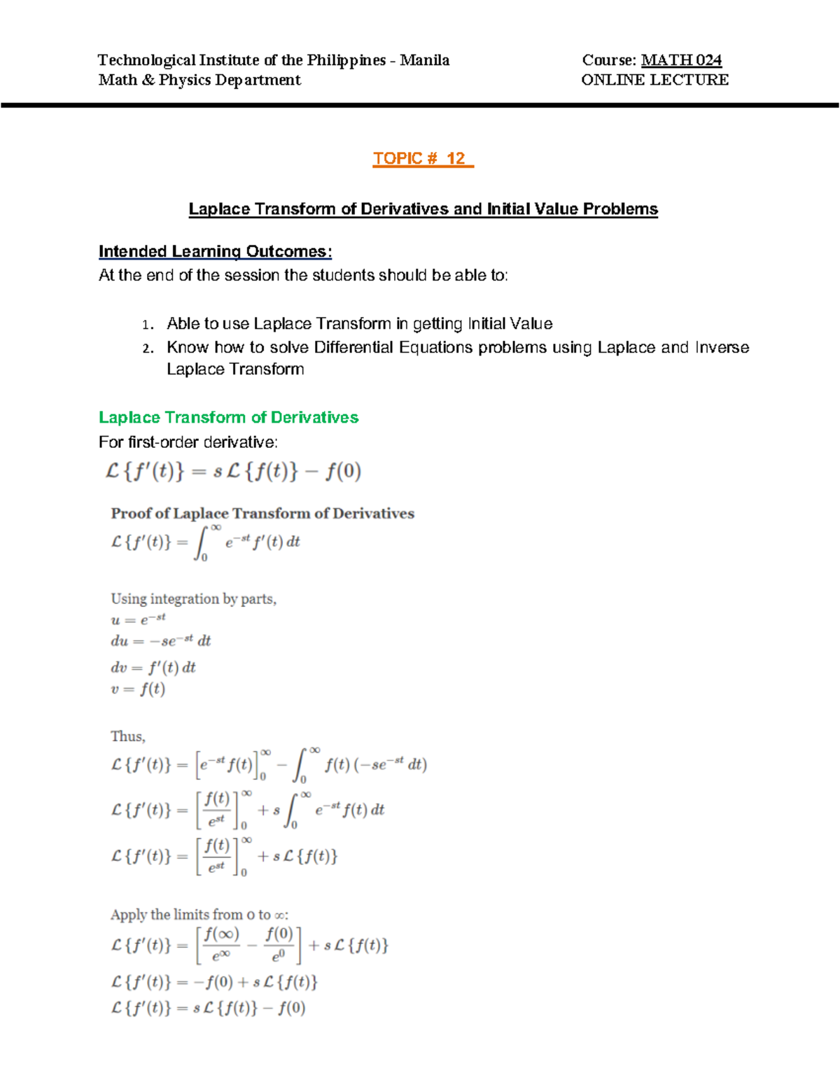 2.6 Laplace Transform of Derivatives and Solution using Laplace ...