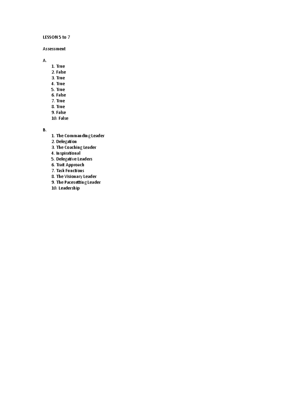 Answer Sheet - LESSON 5 to 7 Assessment A. 1. True 2. False 3. True 4 ...