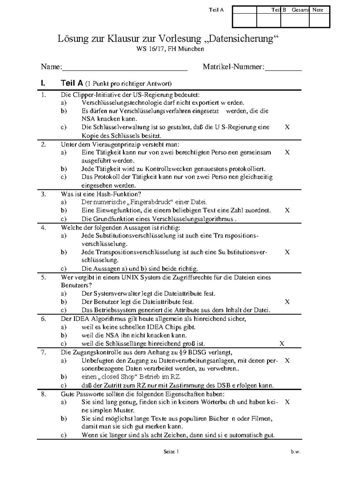 Probeklausur 10 Januar Wintersemester 2015/2016, Fragen und Antworten - Teil A Teil B Gesamt ...