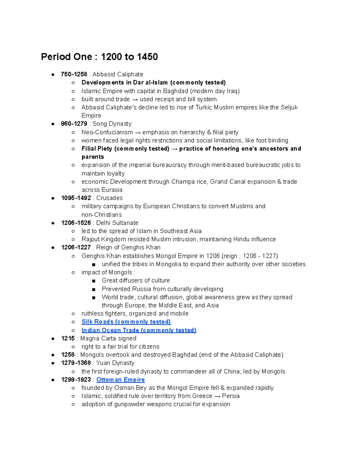 AP World Timeline - Period One : 1200 to 1450 750-1258 : Abbasid ...