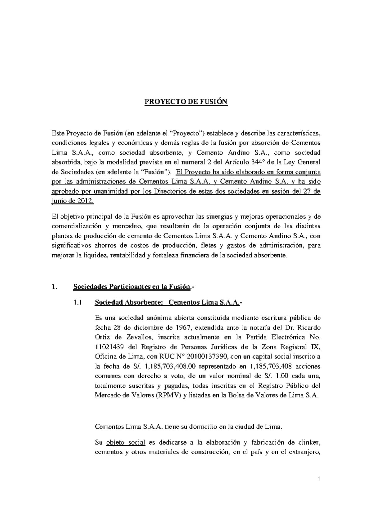 1.2. Proyecto de Fusión por Absorción entre Cementos Lima y Cemento ...
