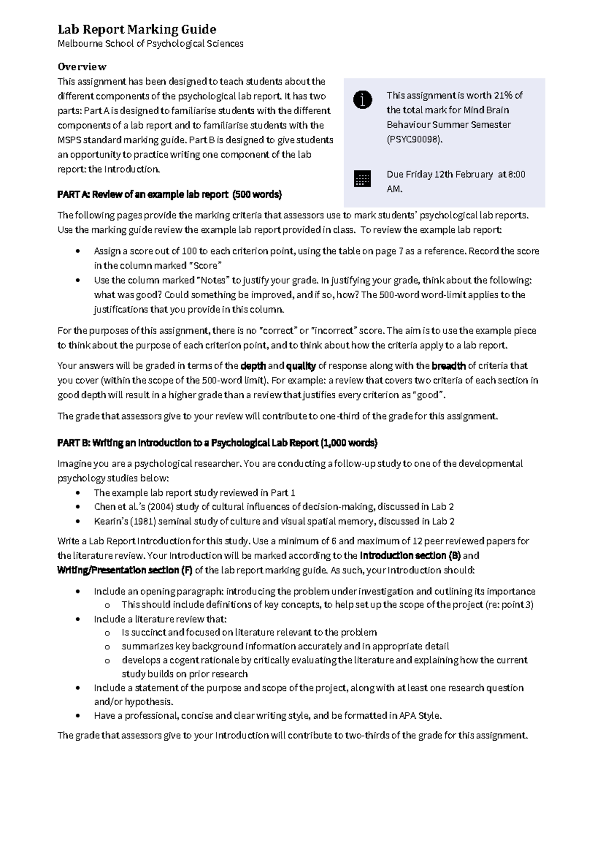 90098 2021 DP assessment and marking guide - Lab Report Marking Guide ...
