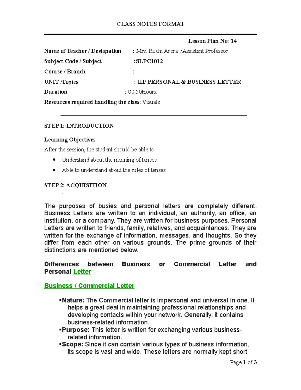 LP 14 Personal AND Business Letter - CLASS NOTES FORMAT Lesson Plan No ...