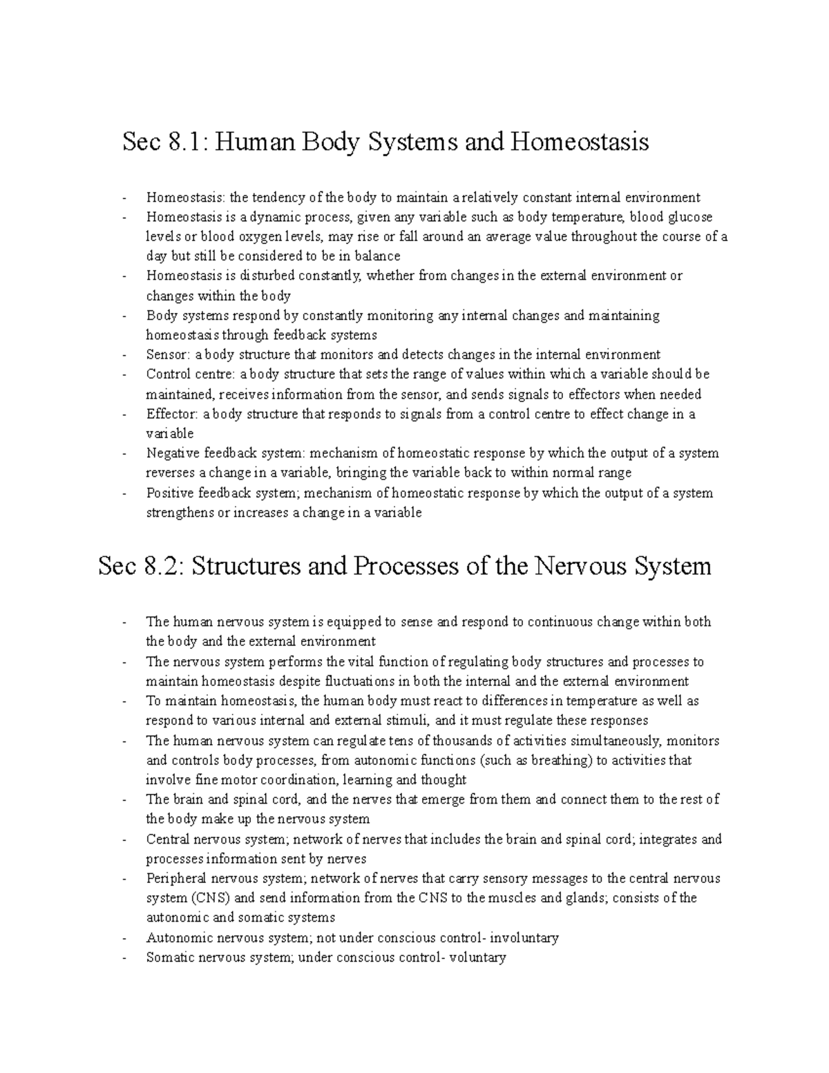 Ch 8 Notes (Nervous System) - Sec 8: Human Body Systems and Homeostasis ...
