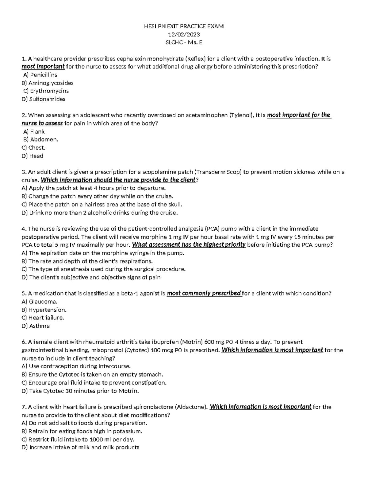 HESI PN EXIT Practice EXAM 12 - HESI PN EXIT PRACTICE EXAM 12/02/ SLCHC ...