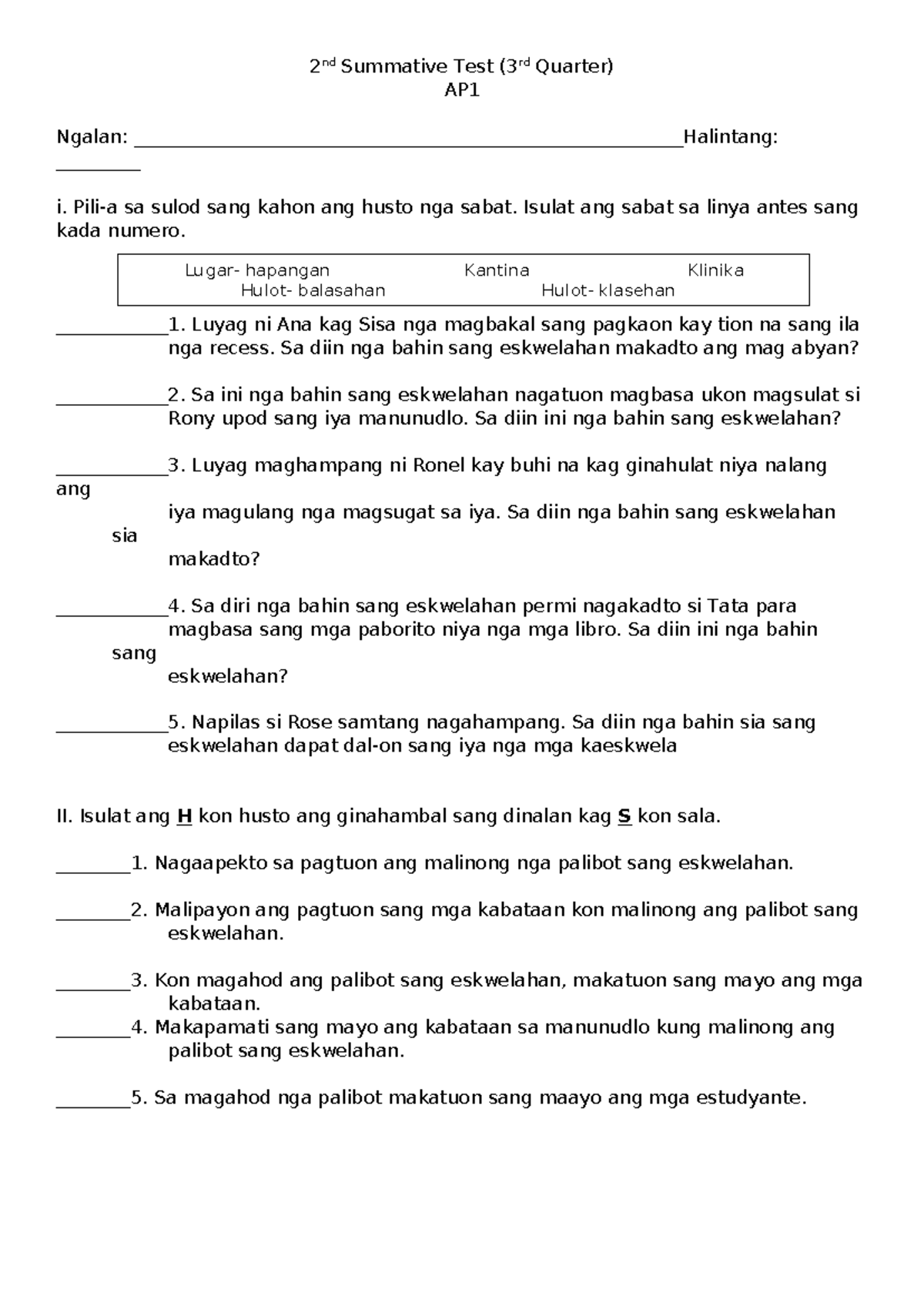 2nd Summative Test 3rd quarter - ####### 2 nd Summative Test (3rd ...