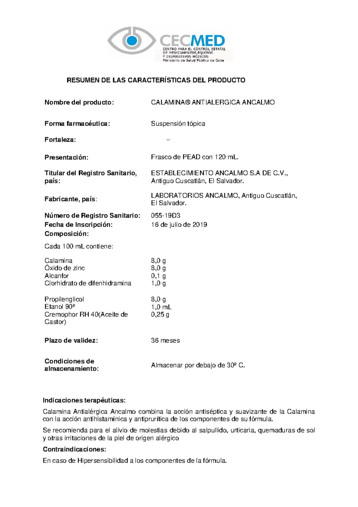 055-19D3 Calamina Antialergica - RESUMEN DE LAS CARACTERÍSTICAS DEL ...