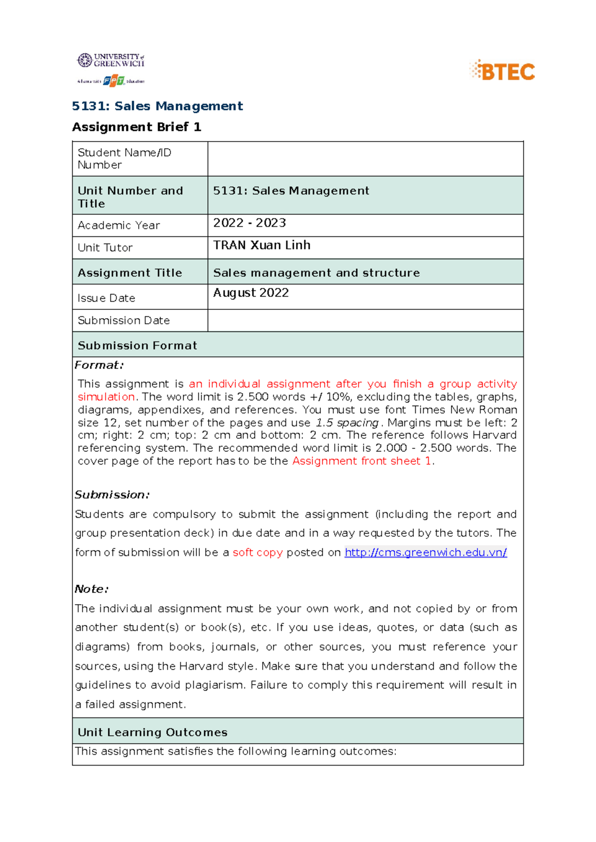 1 Unit 49 5131 Assignment 1 brief 2022 (final) - 5131: Sales Management Assignment Brief 1 ...