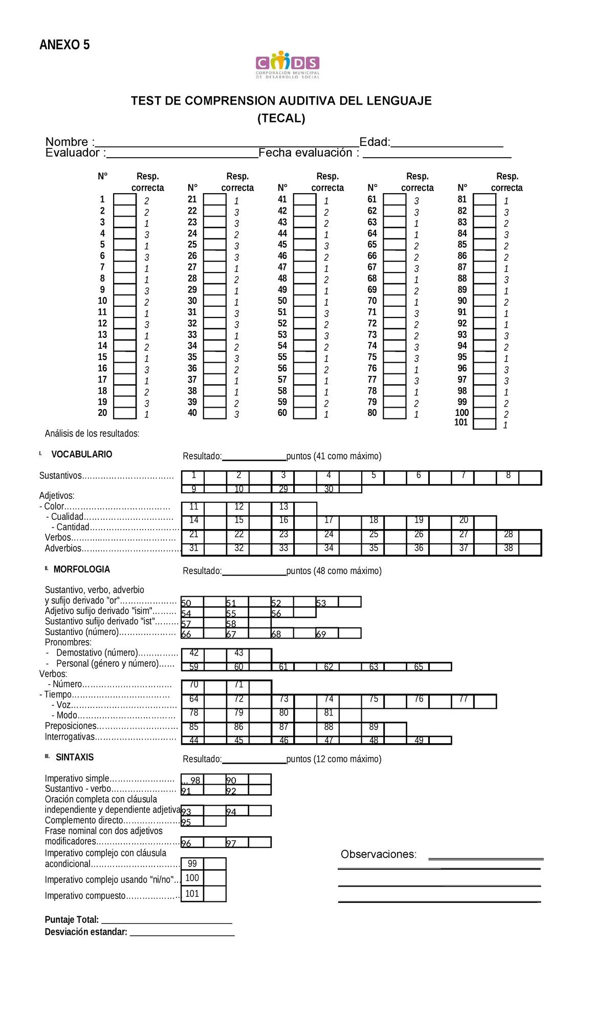 Tecal Anexo 5 - 91 92 ... 98 90 ANEXO 5 TEST DE COMPRENSION AUDITIVA ...