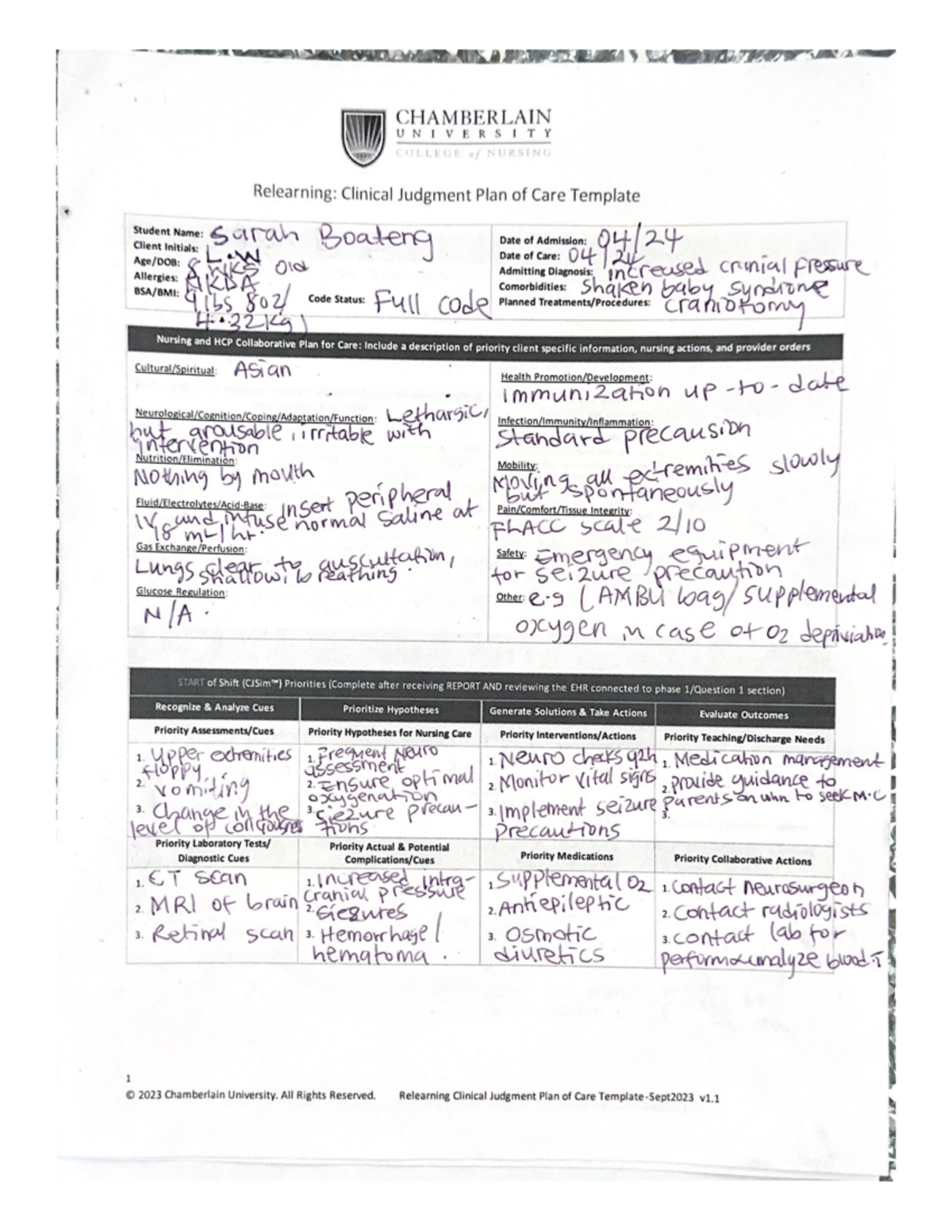 Chamberlain - Care plan for CJSIM relearning - CHAMBERLAIN UNIVERSIT Y ...