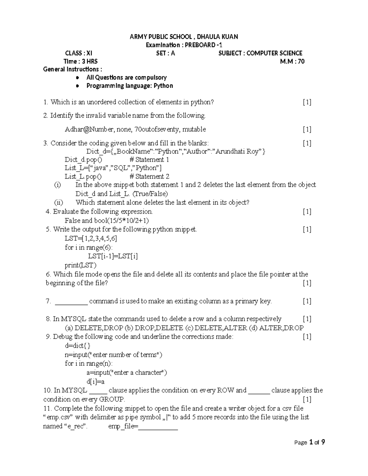 Preboard 1-2023-nov - hijhugvjhgv - ARMY PUBLIC SCHOOL , DHAULA KUAN ...