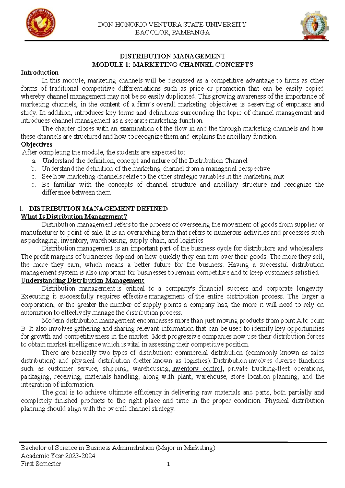 DM- Module-1 Marketing-Channel-Concepts - BACOLOR, PAMPANGA DISTRIBUTION MANAGEMENT MODULE 1 ...