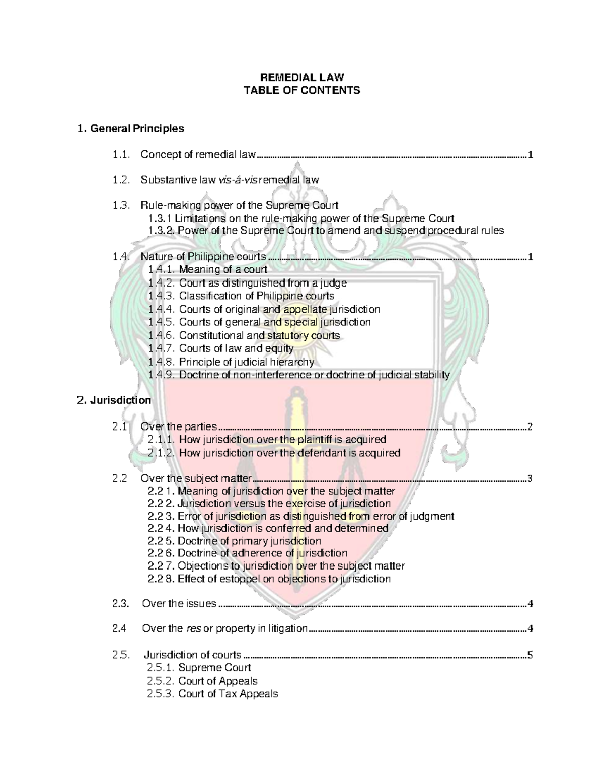 Civ Pro Bar QA 2009-2017 - REMEDIAL LAW TABLE OF CONTENTS General ...