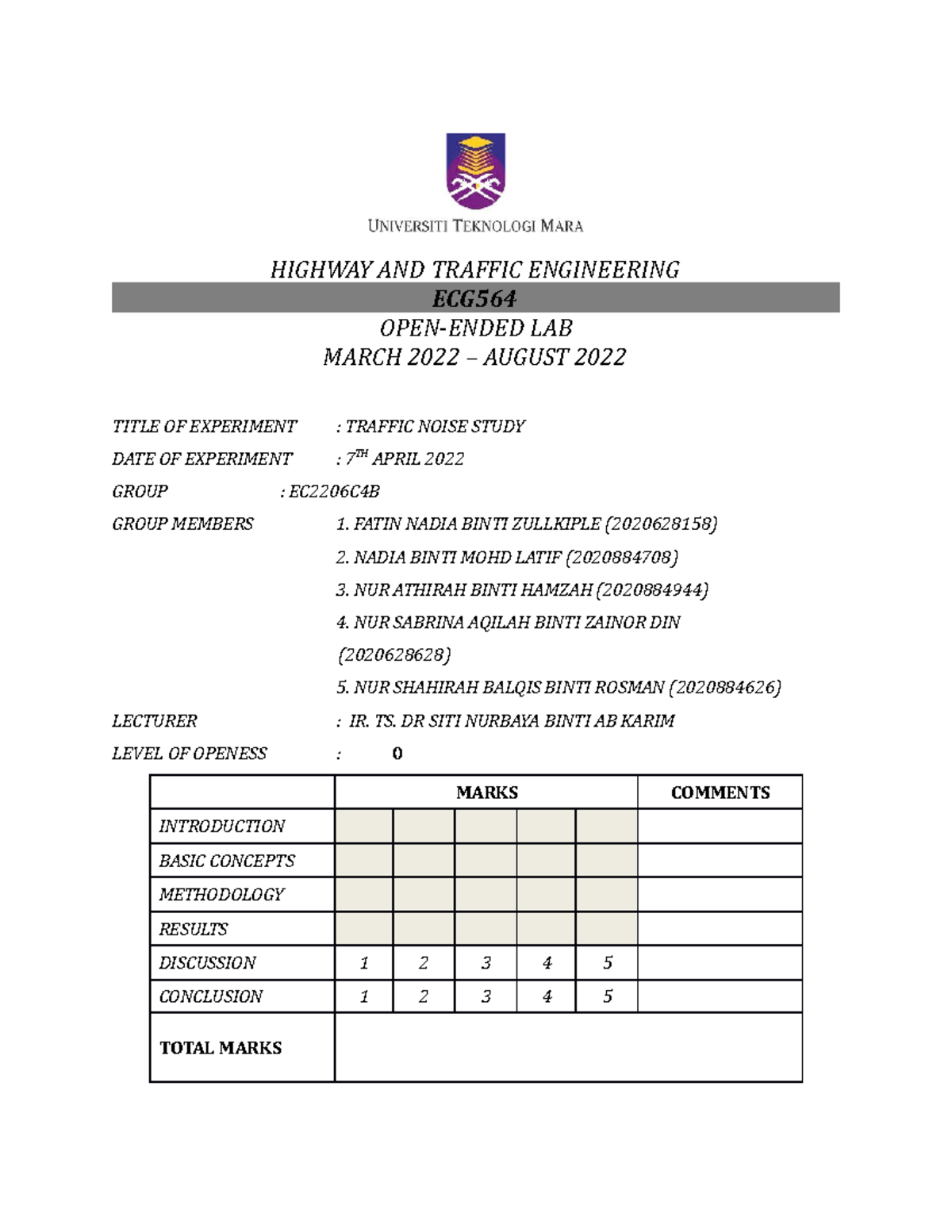 Lab report week 1 - HIGHWAY AND TRAFFIC ENGINEERING ECG OPEN-ENDED LAB ...